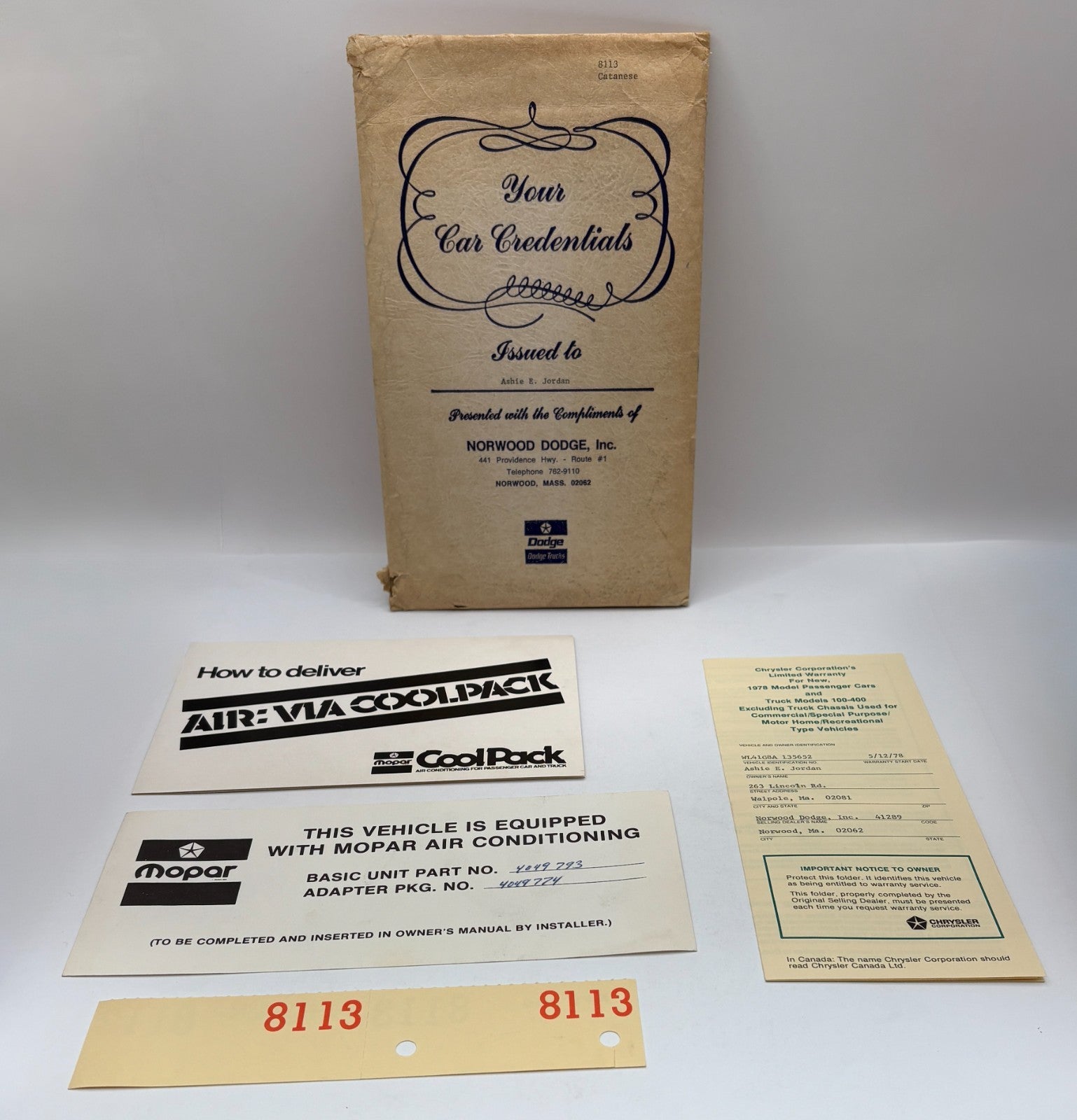 Original 1978 "Your Car Credentials" Dodge Dealer Package #8113 ...